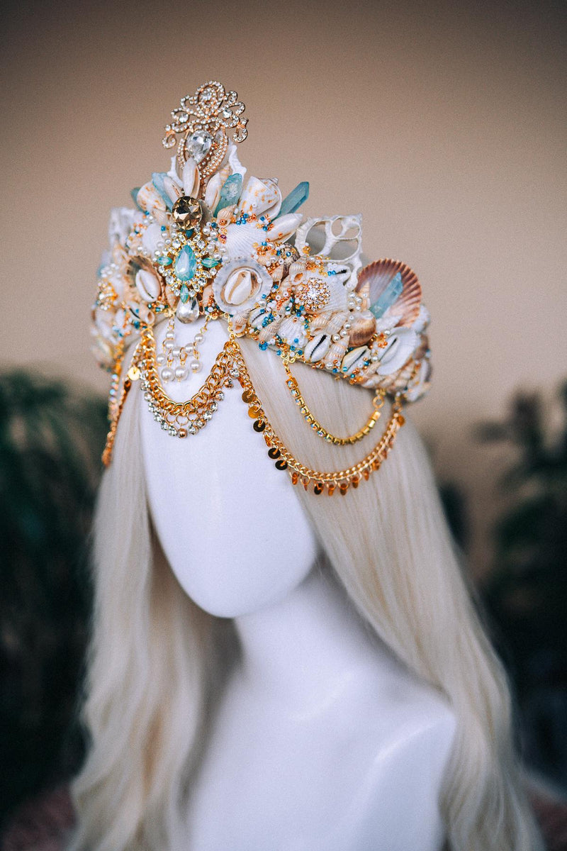 Golden Mermaid Crown Sea Goddess Shell Headpiece Ocean Bridal Tiara Fa ...