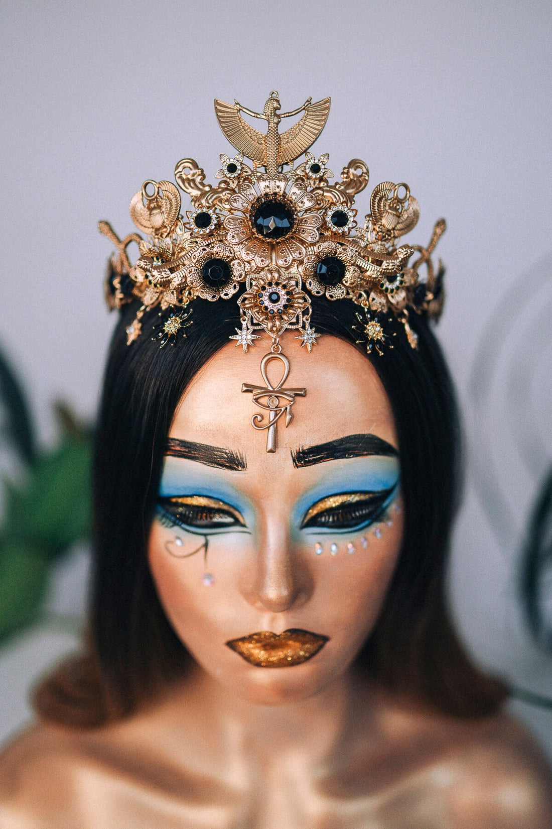 Cleopatra Crown, Egyptian Gold Crown, Black Gem Headpiece, Festival Co ...