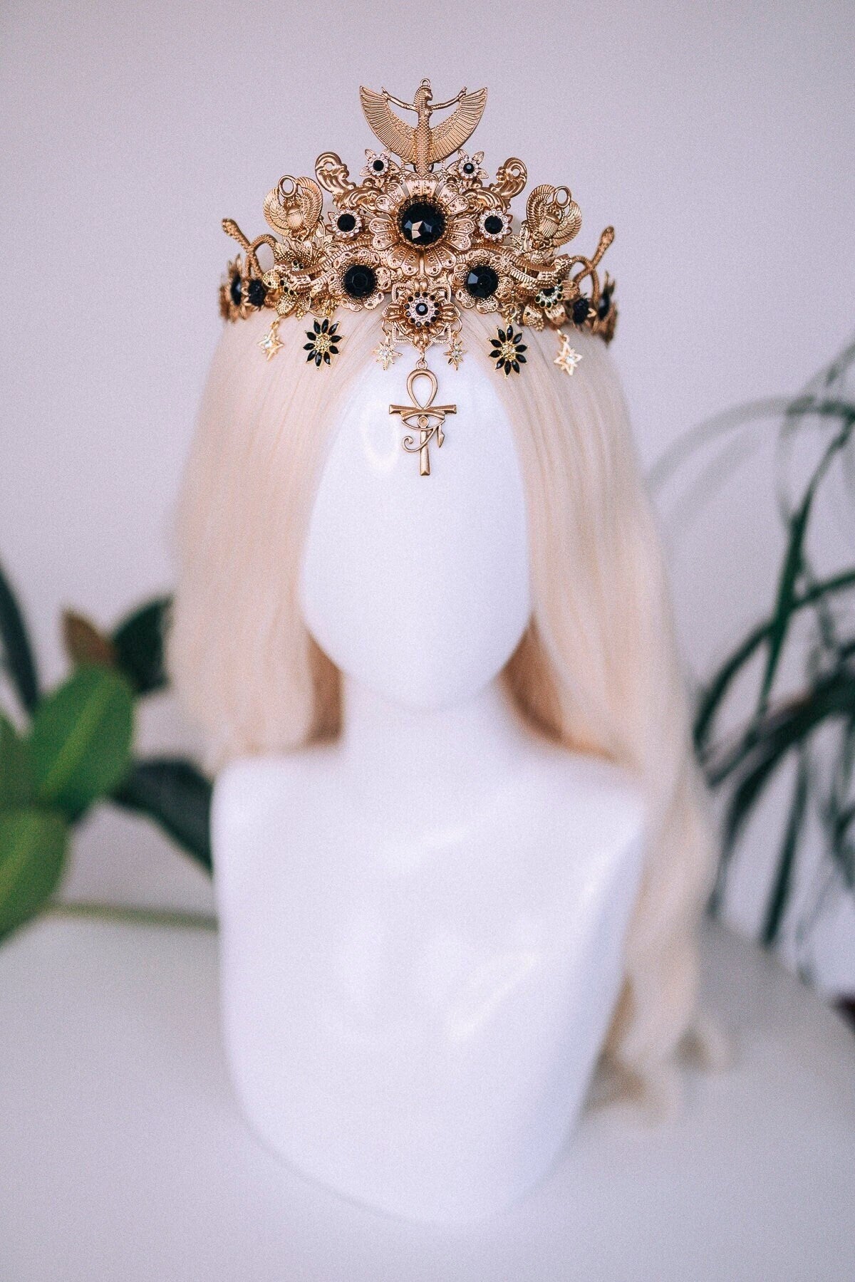 Cleopatra Crown, Egyptian Gold Crown, Black Gem Headpiece, Festival Co ...