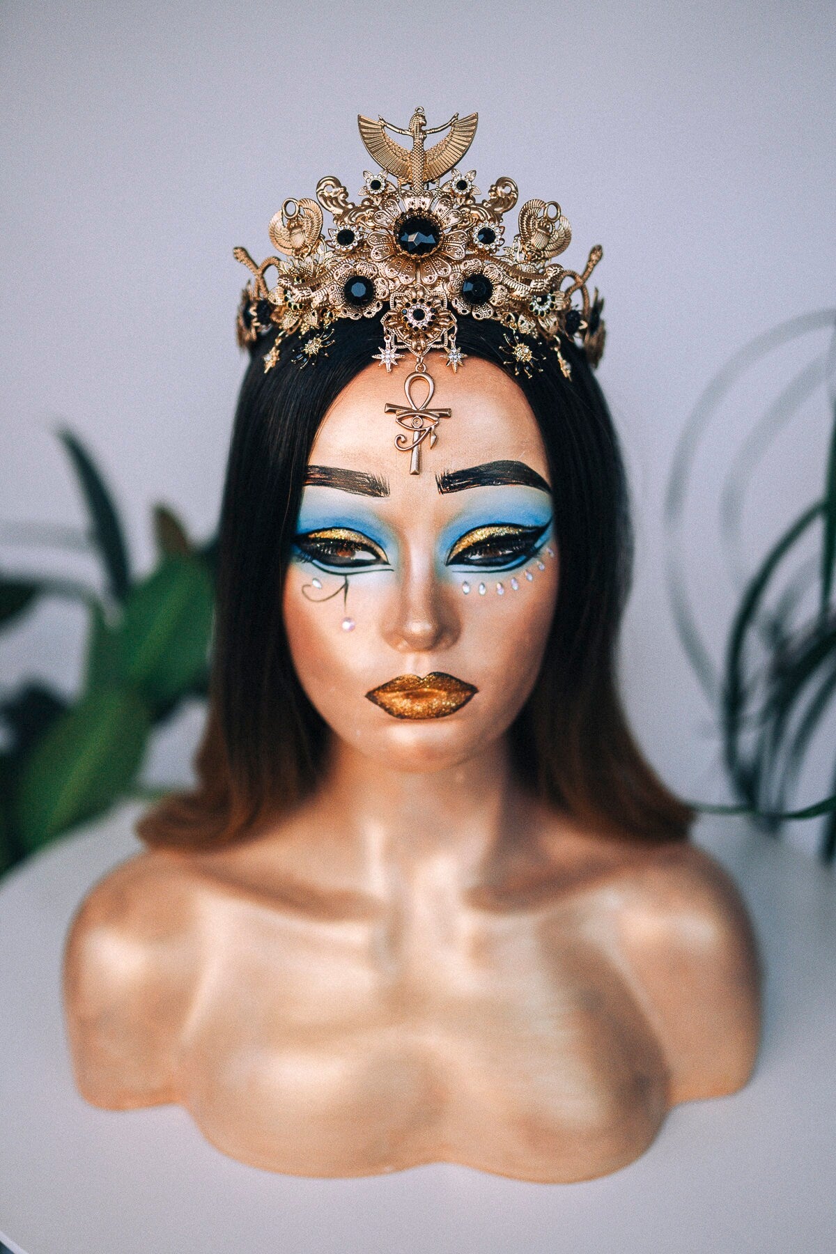 Cleopatra Crown, Egyptian Gold Crown, Black Gem Headpiece, Festival Co ...