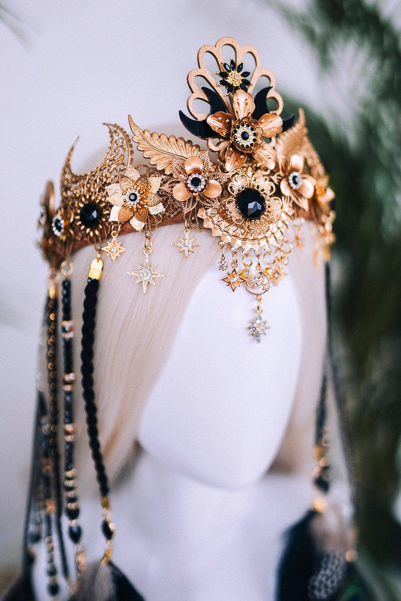 Boho Goddess Crown, Feather Headpiece, Festival Tiara, Celestial Halo ...