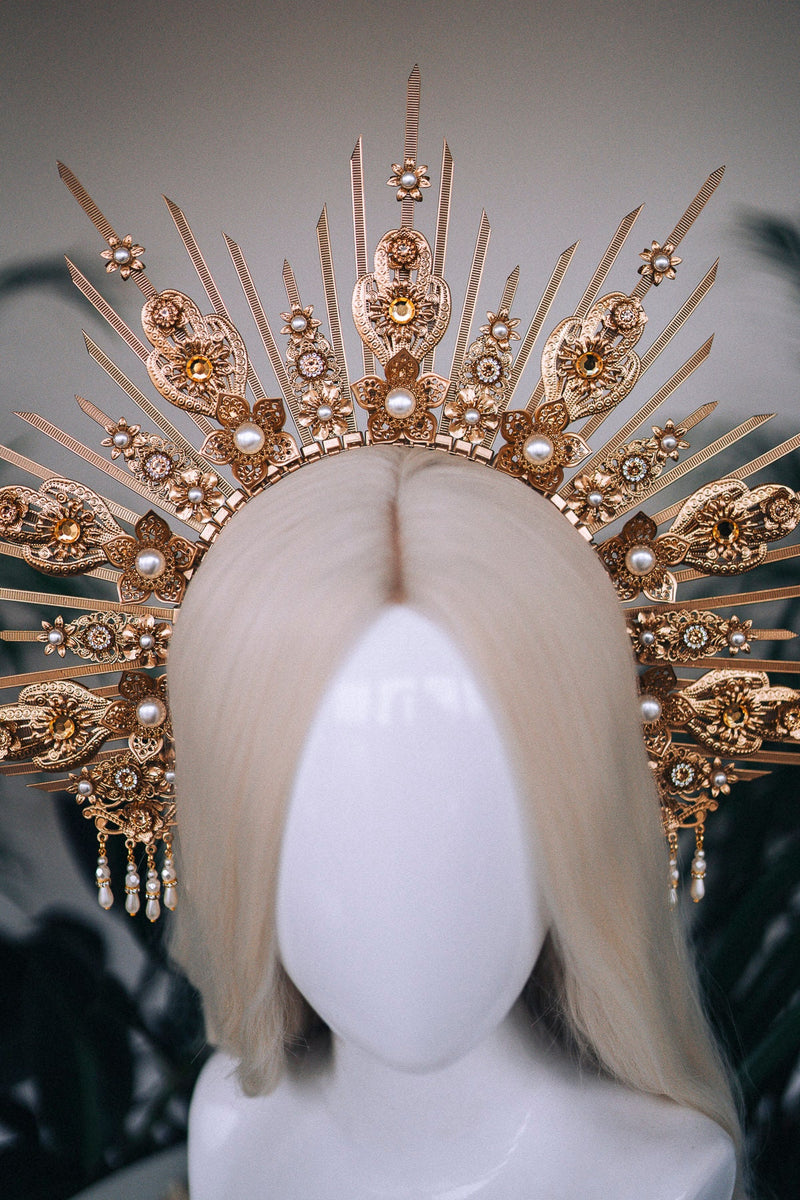 Golden Celestial Halo Crown Bridal Headpiece Goddess Wedding Crown Mat ...