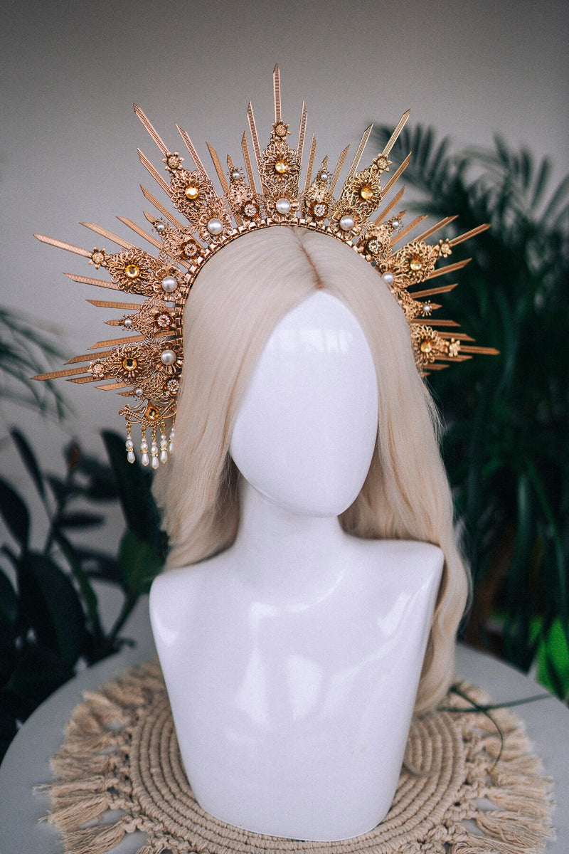 Celestial Sun Goddess Gold Halo Crown Bridal Headpiece Couture Wedding ...