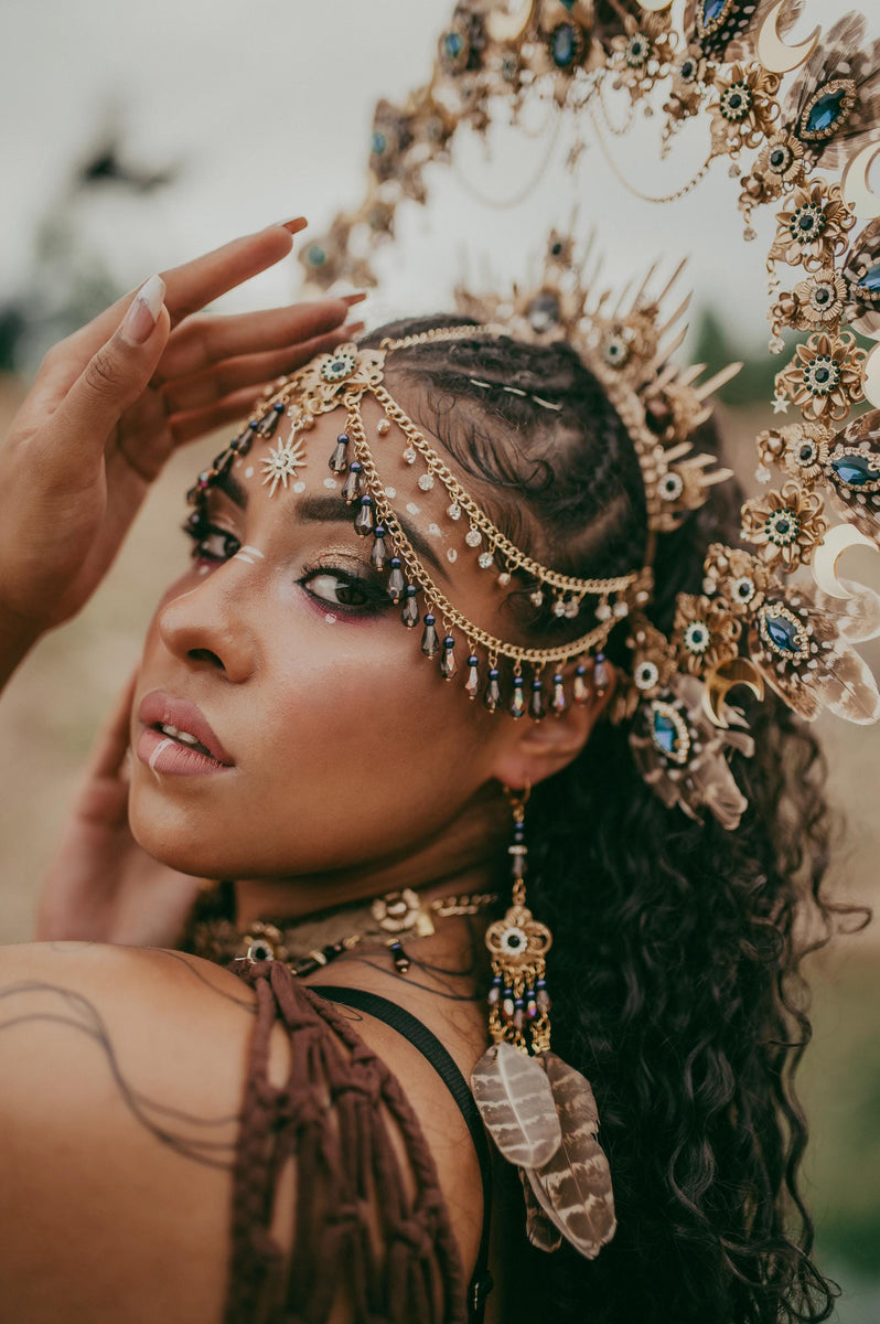 Peacock Halo Crown, Golden Shaman Headdress, Tribal Goddess Costume ...