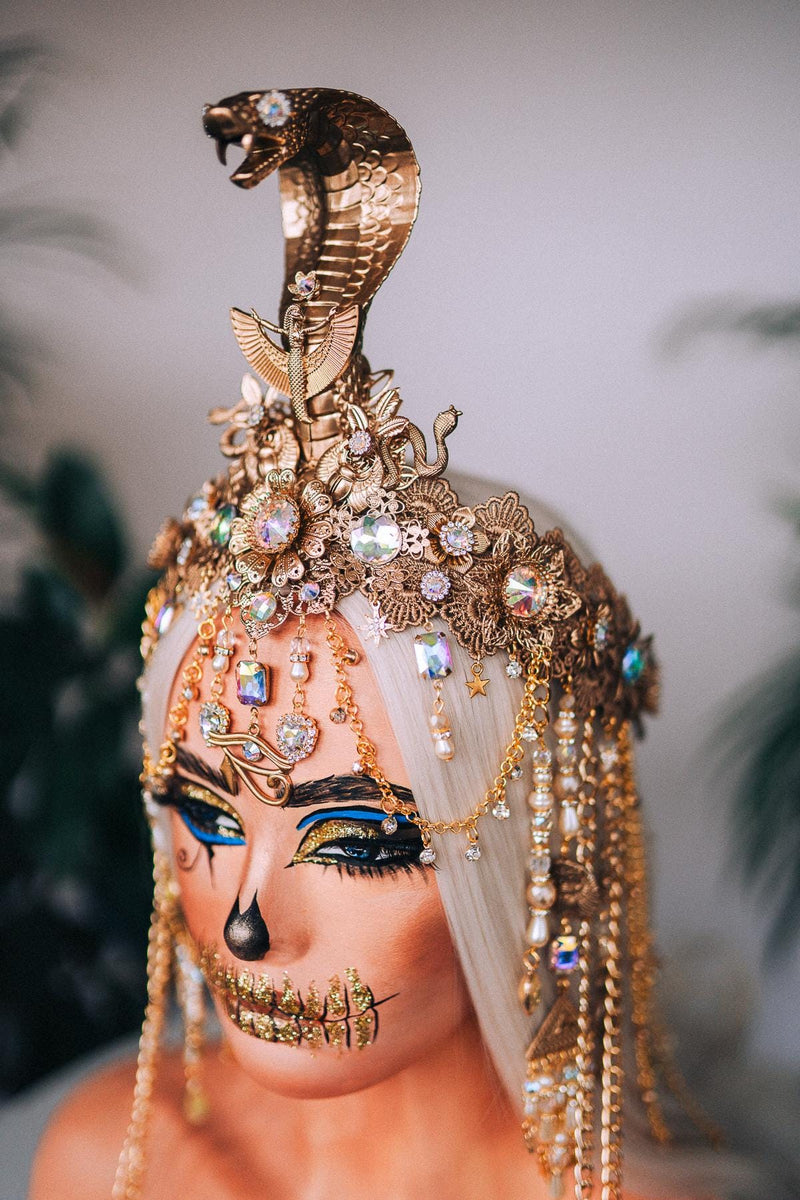 Cleopatra Cobra Crown Gold Egyptian Headpiece Goddess Headdress Royal ...