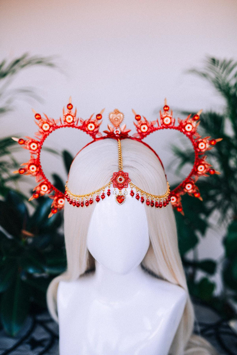 Queen of Hearts Crown: Red Lace Heart Tiara, Fantasy Costume Headpiece ...