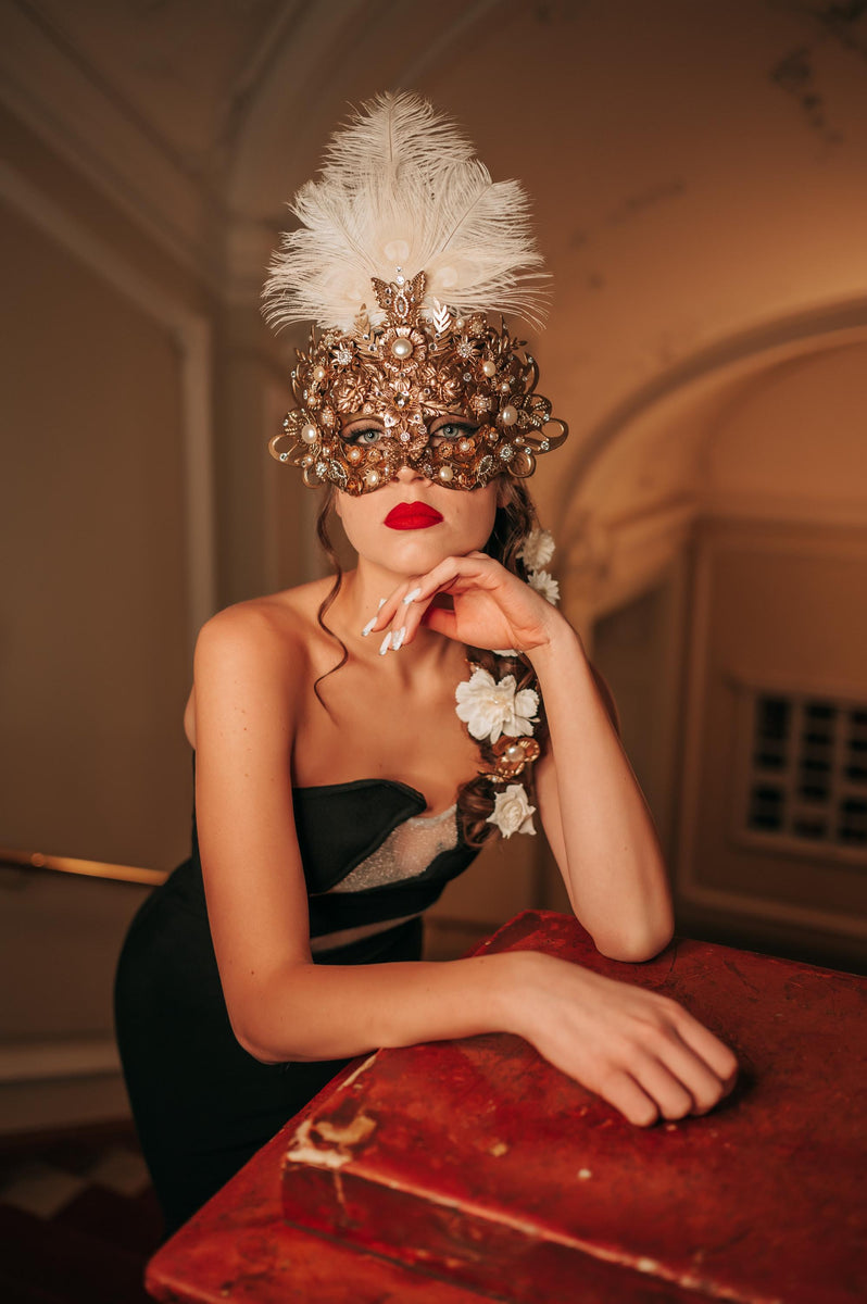 Golden Goddess Feather Masquerade Mask Pearl Embellished Luxury Carniv ...